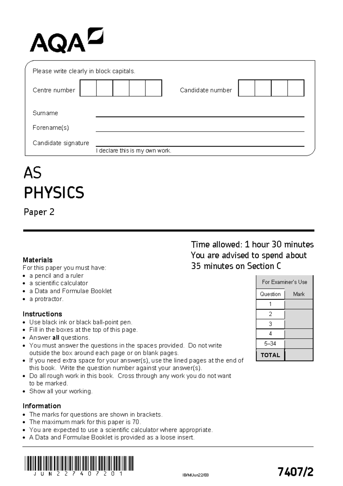 AS PHYSICS Paper 2 Materials June 2022 Question Paper - Studocu