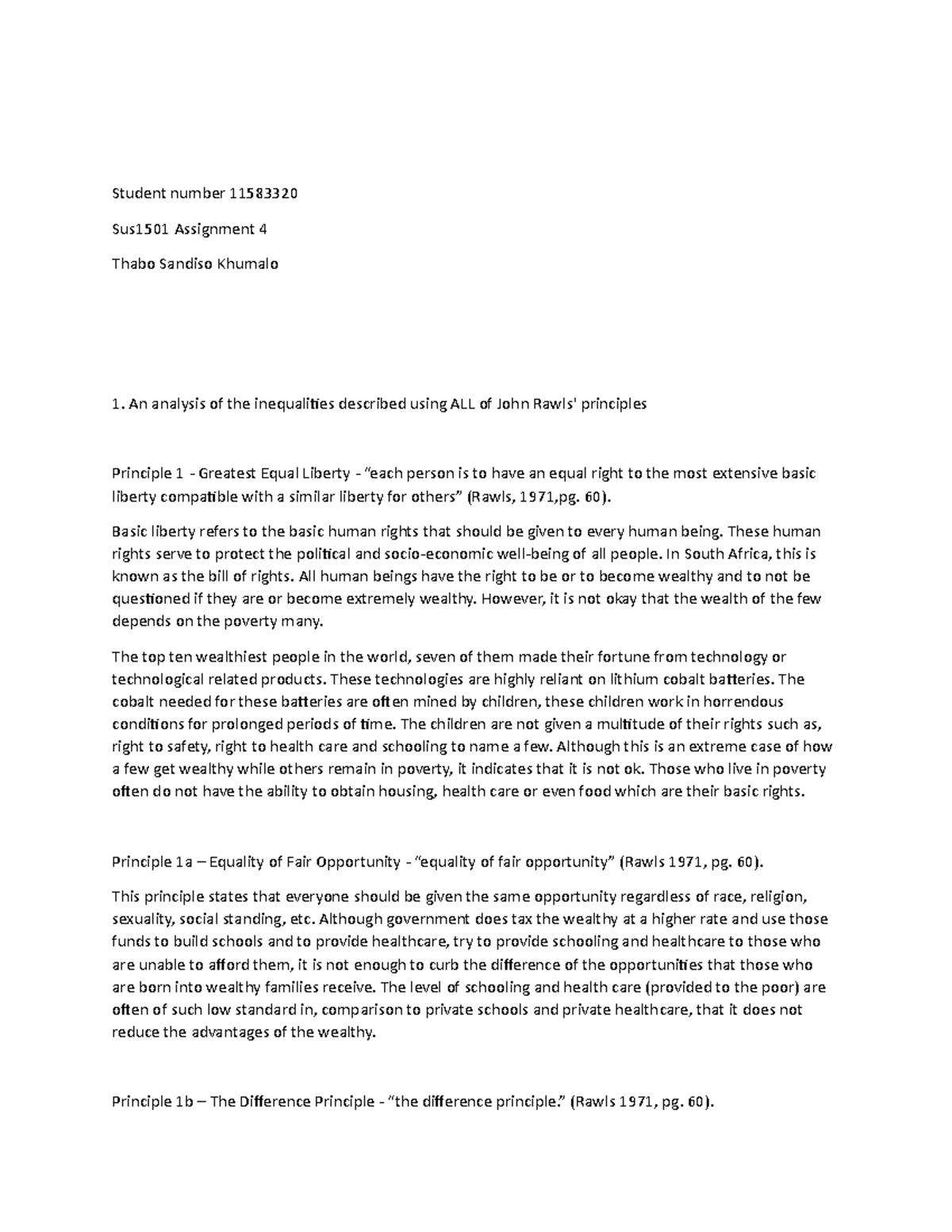 Sus1501 - Assignment 4: Analyzing Inequality Through Rawls' Principles ...