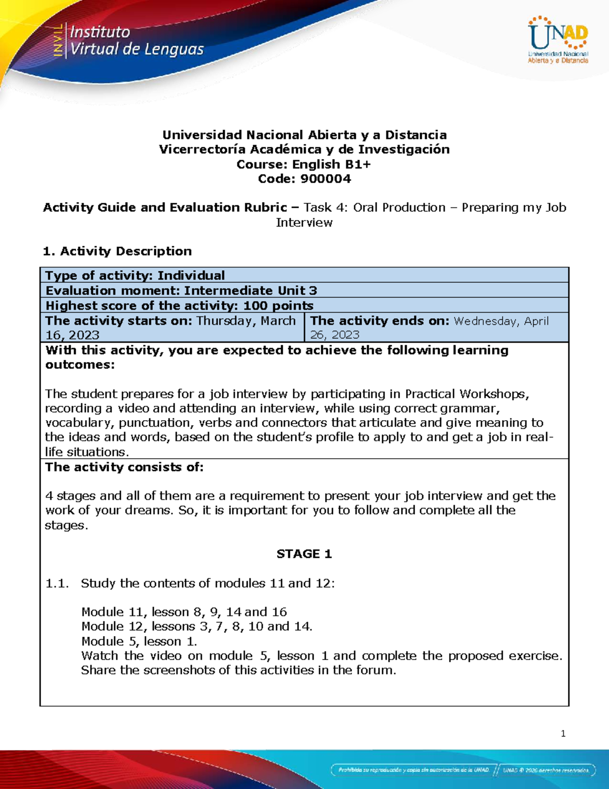 Activity Guide & Evaluation Rubric - Unit 3: Task 4 - Oral Production ...