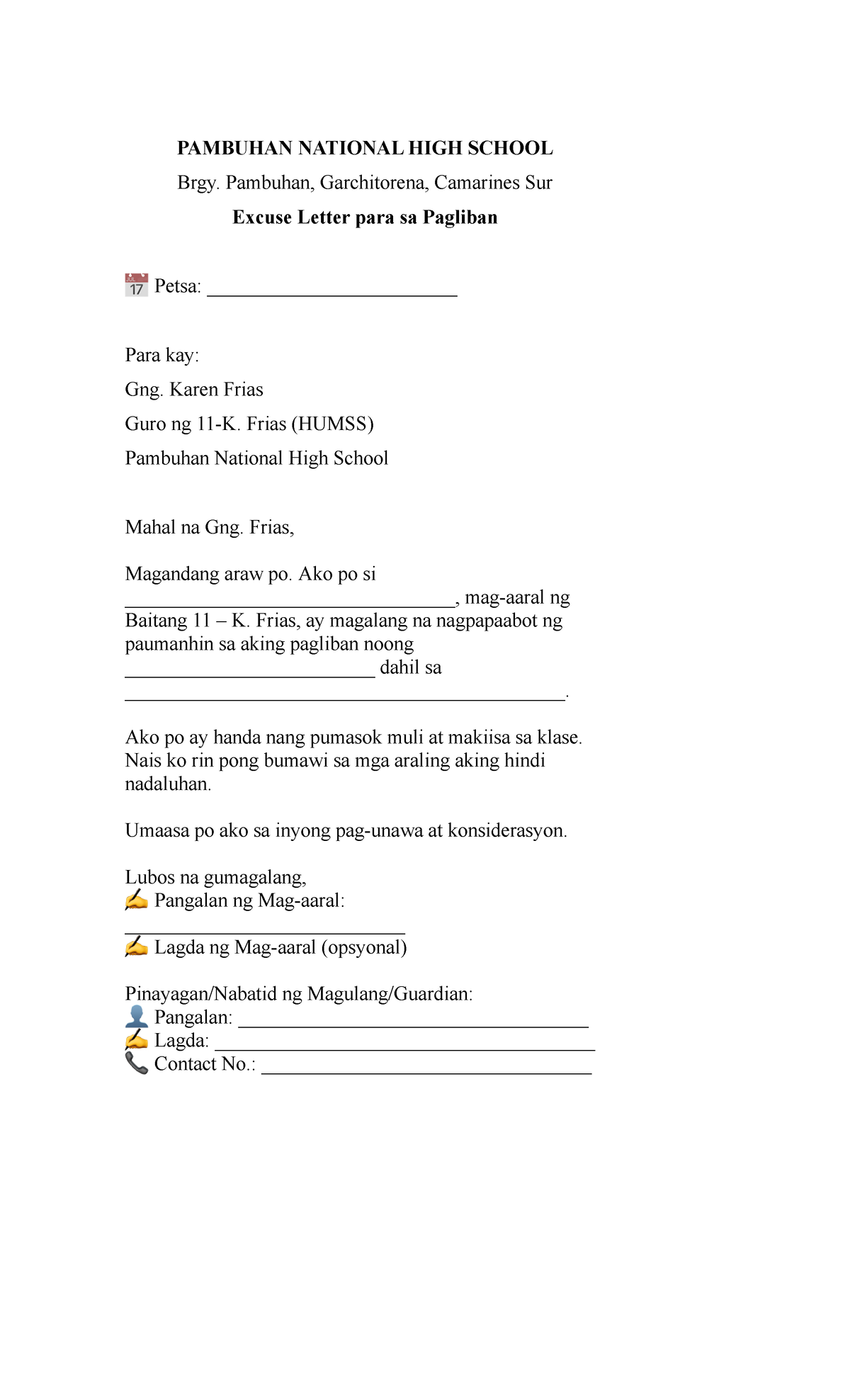 Excuse Letter Tagalog Pambuhan - PAMBUHAN NATIONAL HIGH SCHOOL Brgy ...