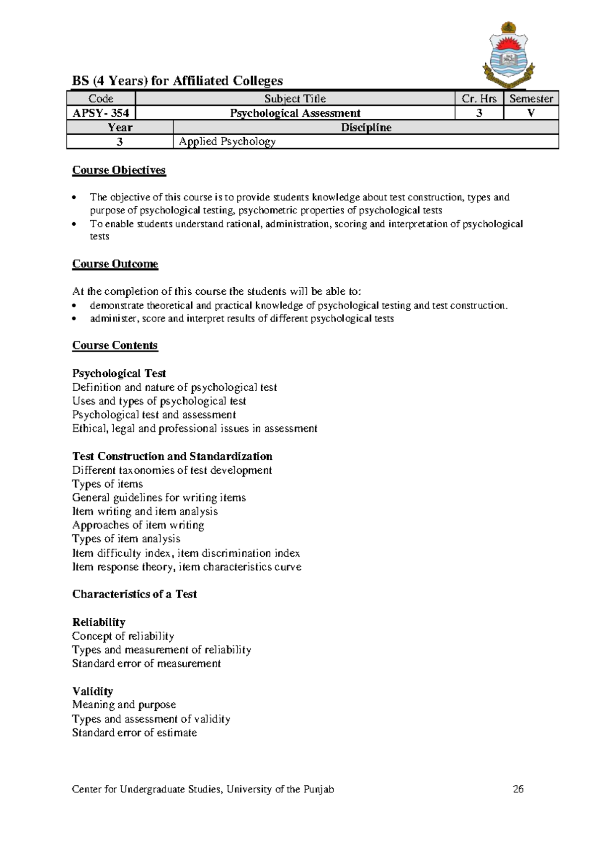APSY-354 - Psychological Assessment Course Outline and Objectives - Studocu
