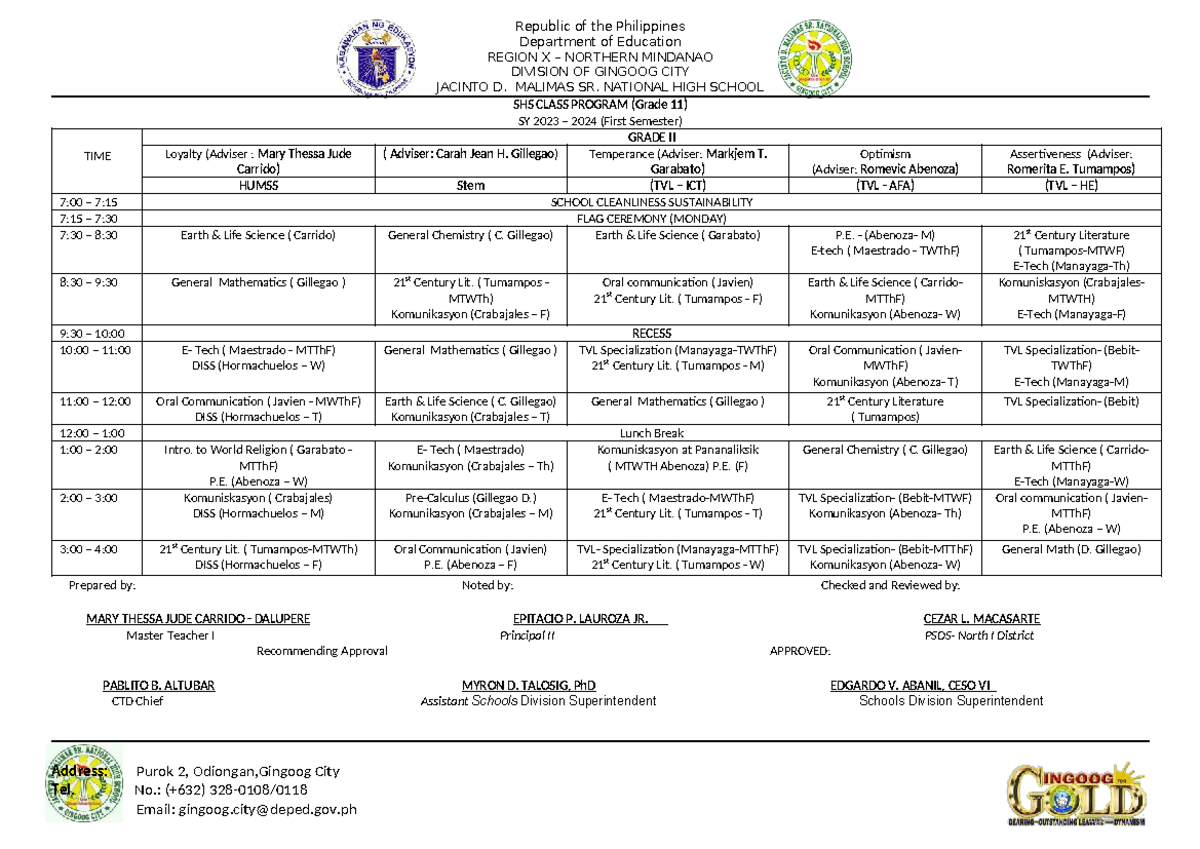 Class Program for Grade 11 (SY 2023-2024) - HUMSS & TVL Courses - Studocu