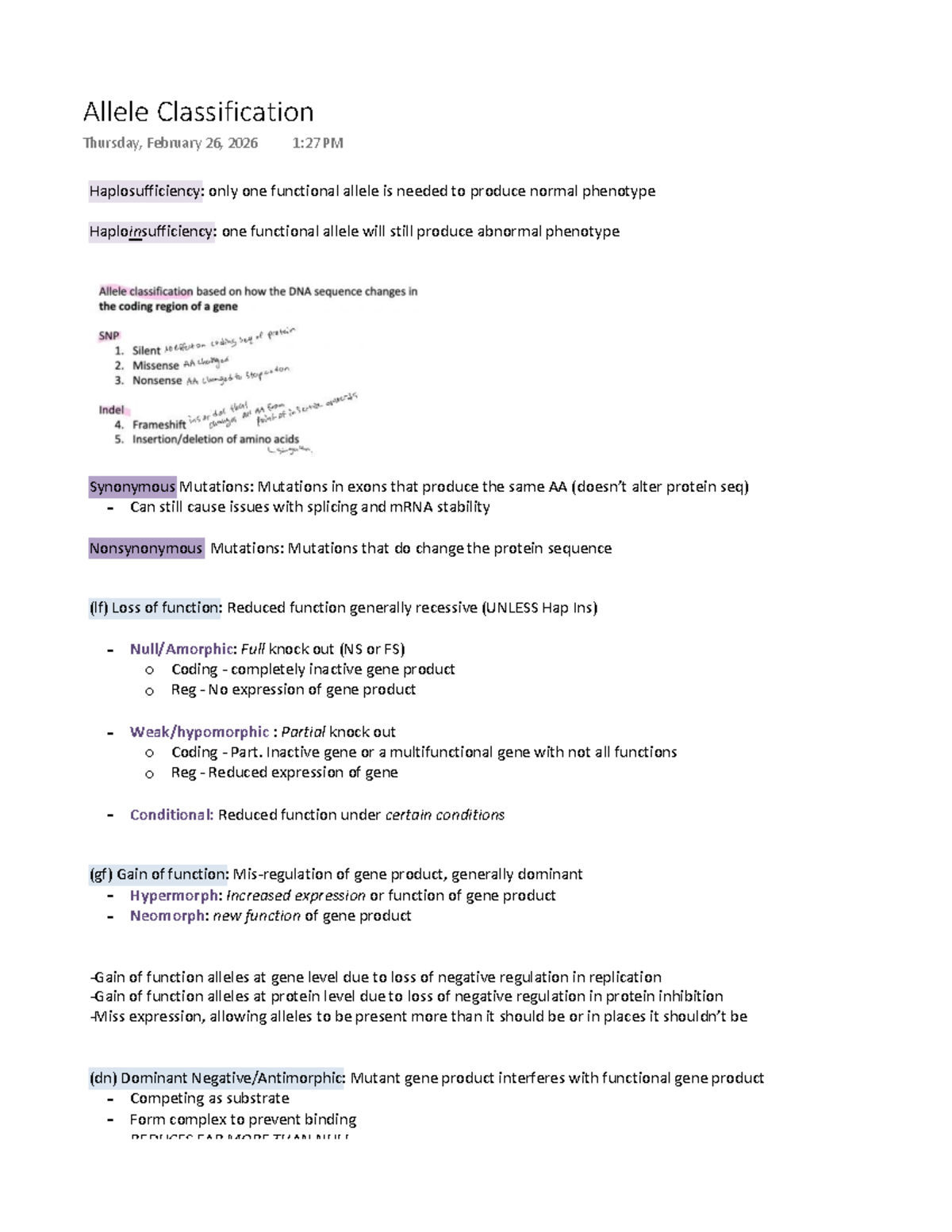 Allele Classification Notes for Genetics Course (GEN 101) - Studocu