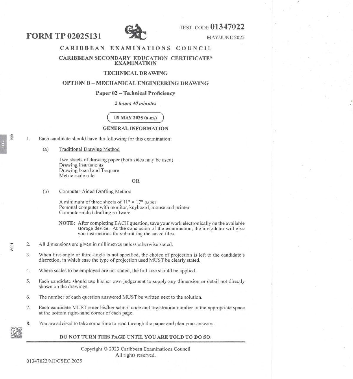 CSEC Technical Drawing P2 2025 MJ Option B Mechanical Engineering Exam ...