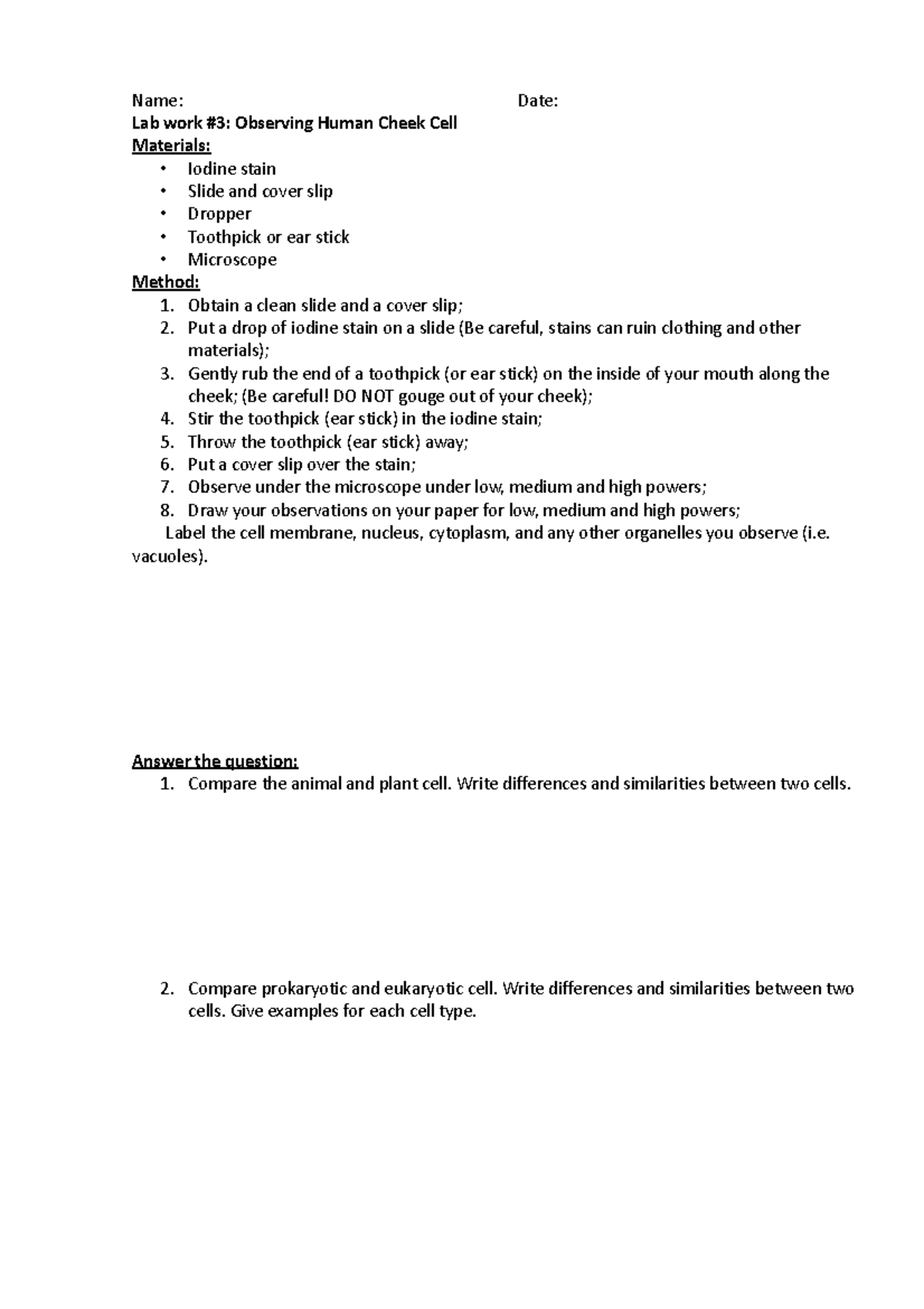 LW#3 Observing human cheek cell lab report - Name: Date: Lab work #3 ...
