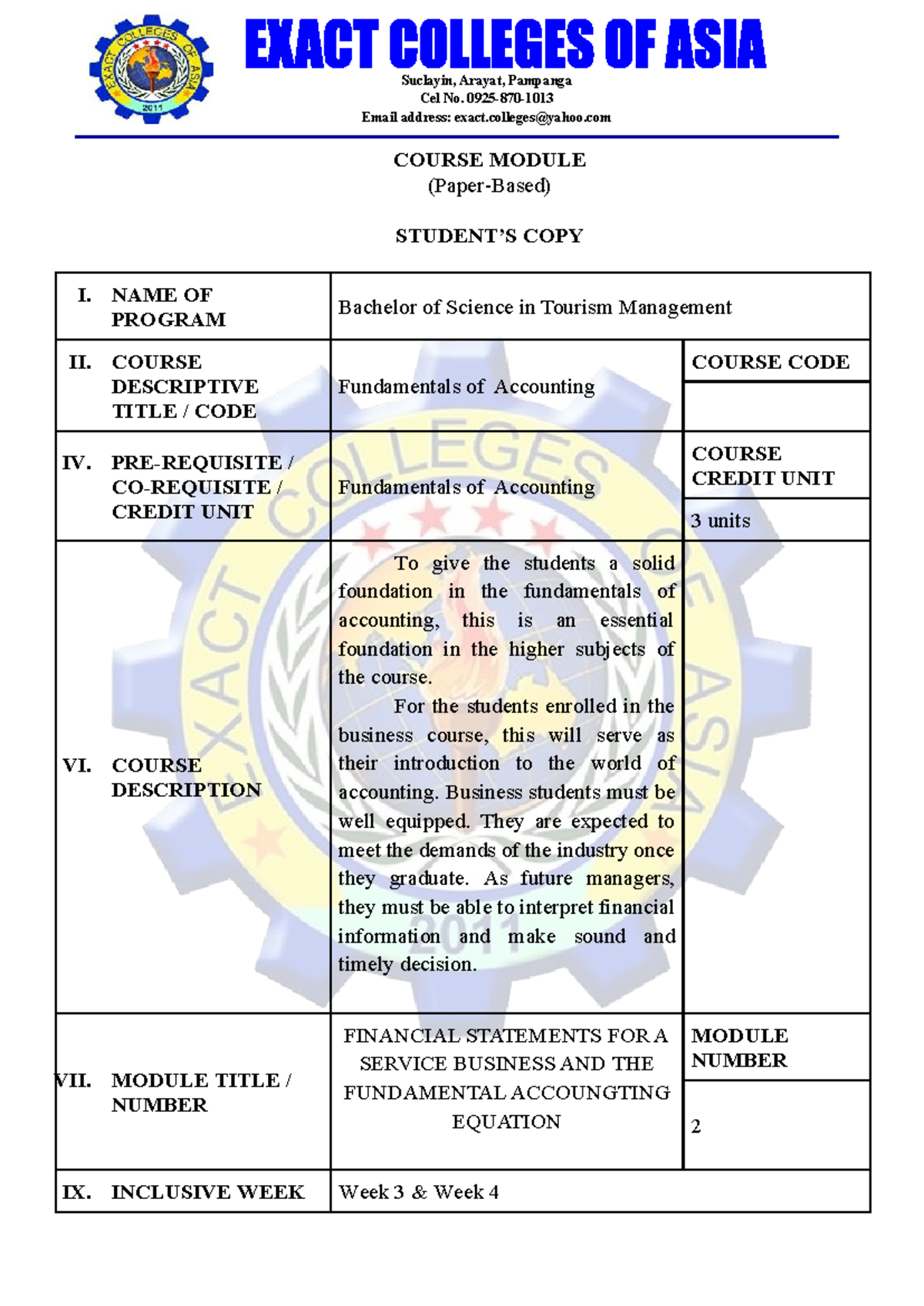 FOA-Module 2: Fundamentals of Accounting Overview and Learning Outcomes ...