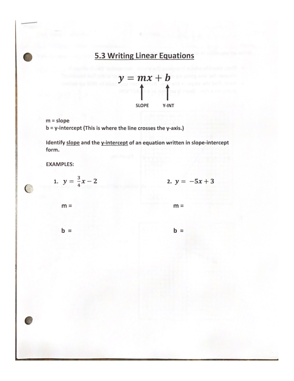 5.3 Writing Linear Equations Notes - 5 Writing Linear Equations y mx ...