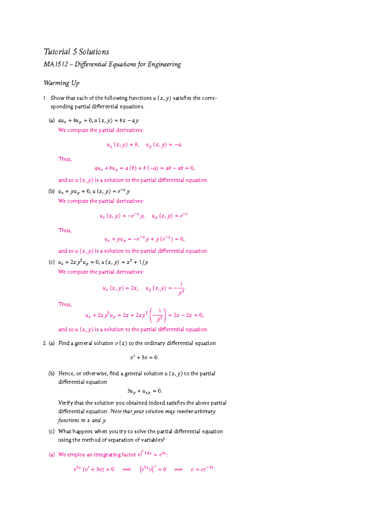 Tutorial 5 Solutions for MA1512: Differential Equations in Engineering ...