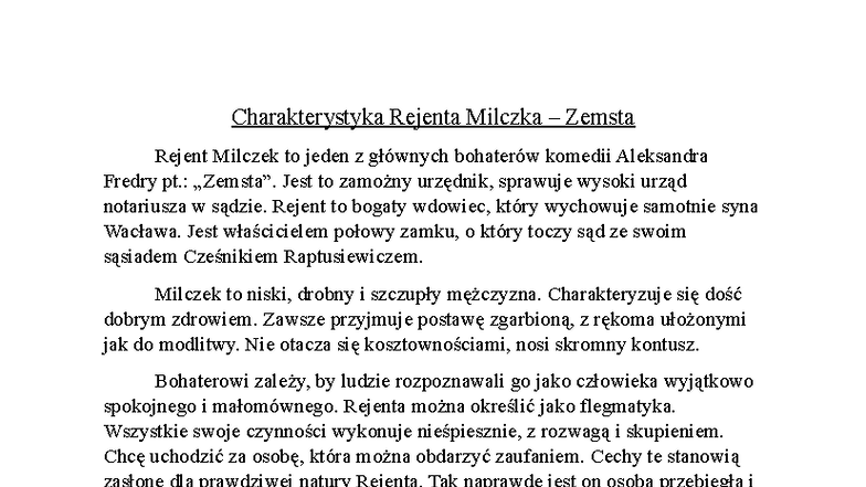 Charakterystyka Rejenta Milczka w "Zemście" Fredry - Studocu