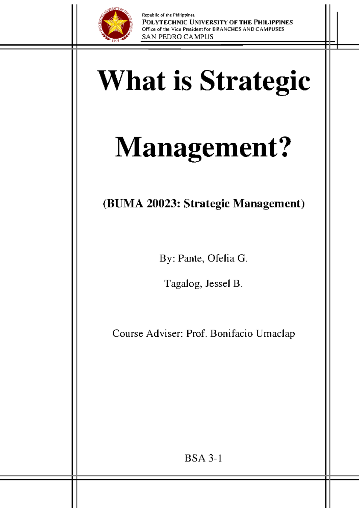 Strategic Management Overview and Insights | BUMA 20023 BSA 3-1 - Studocu