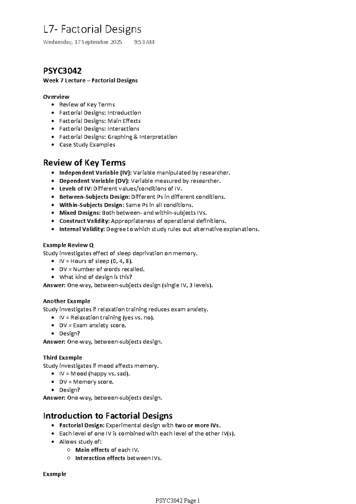PSYC3042 Week 7 Lecture: Overview of Factorial Designs - Studocu