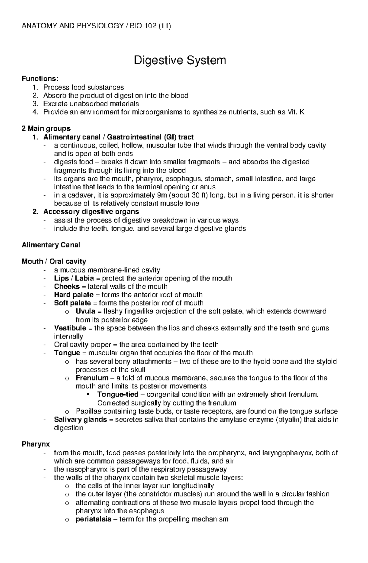 Digestive System Overview: BIO 102 (11) Anatomy & Physiology Notes ...