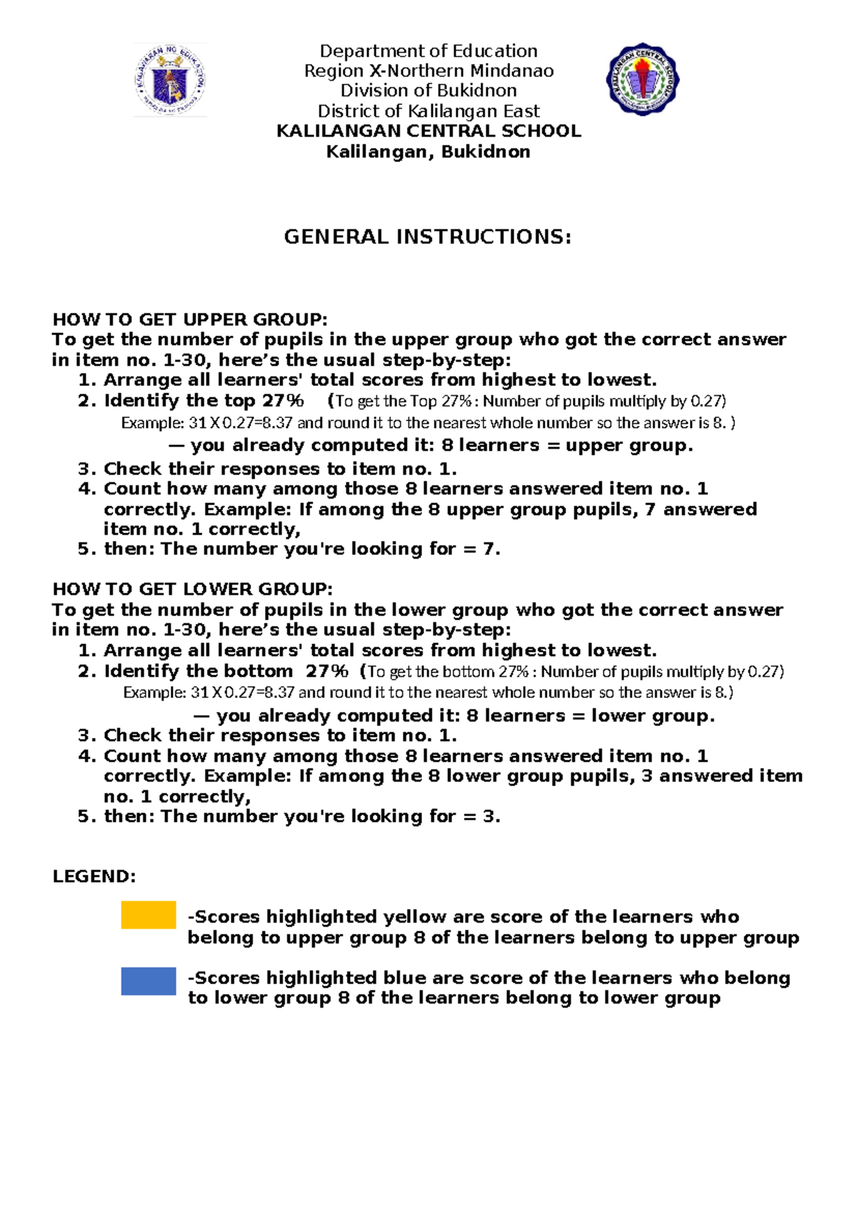 ITEM ANALYSIS: Upper and Lower Group Scores for GMRC, Math, Reading ...