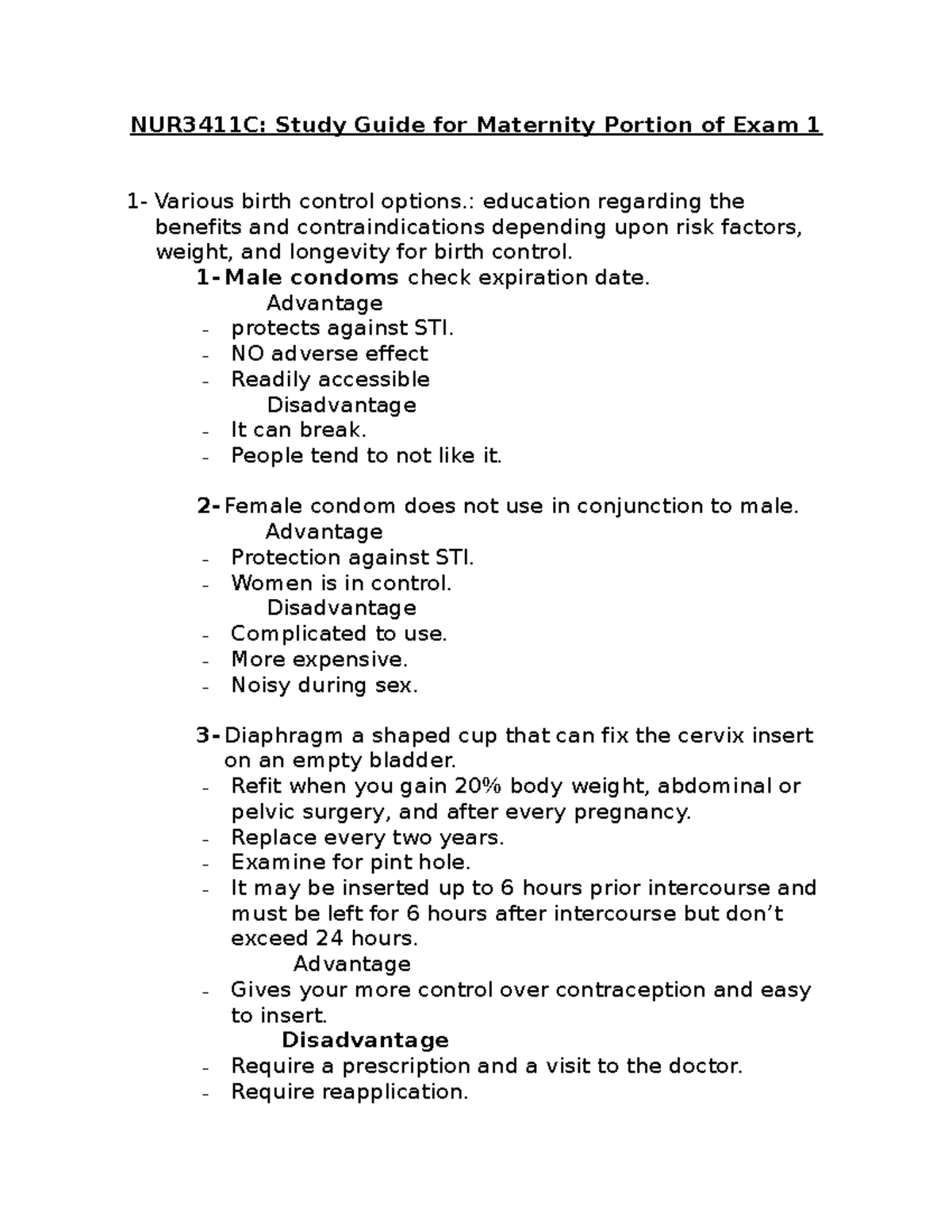 NUR3411C: Maternity Study Guide for Exam 1 Preparation - Studocu