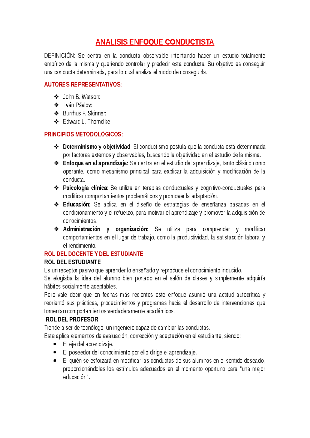 Análisis del Enfoque Conductista en Psicología y Educación - Studocu