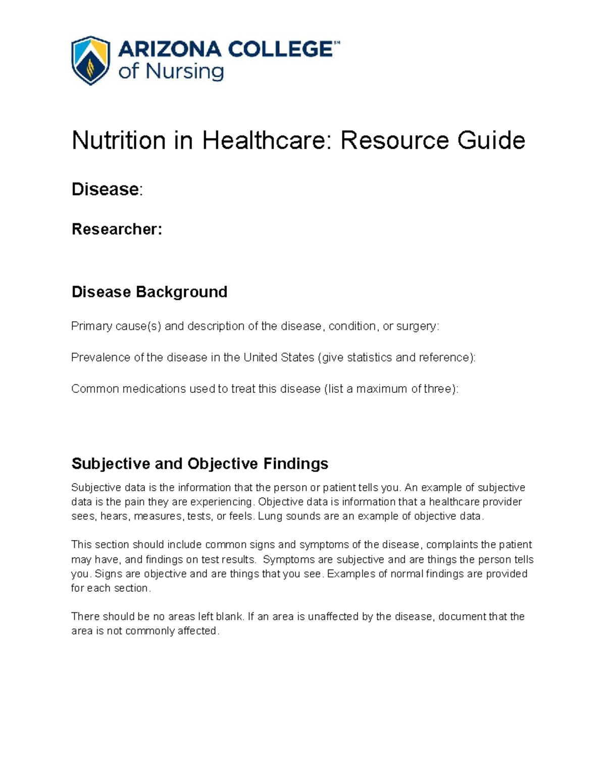 NTR 241 Nutrition in Healthcare: Disease Resource Guide - Studocu