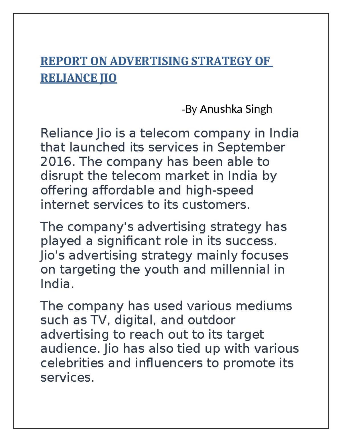 Report on Reliance JIO Advertising Strategy: A Market Disruption Study ...