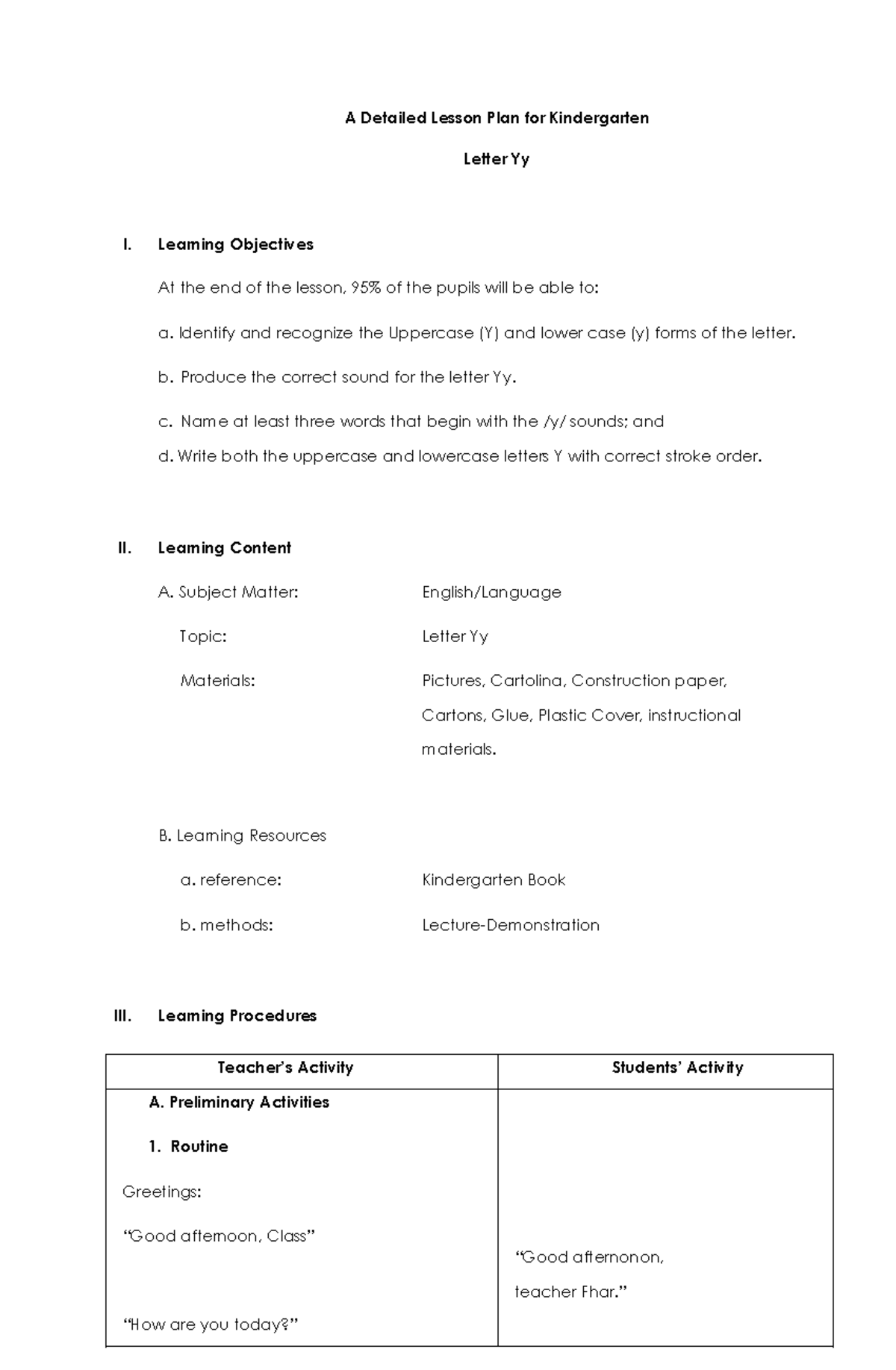 Detailed Lesson Plan for Kindergarten: Letter Yy DLP 2023 - Studocu