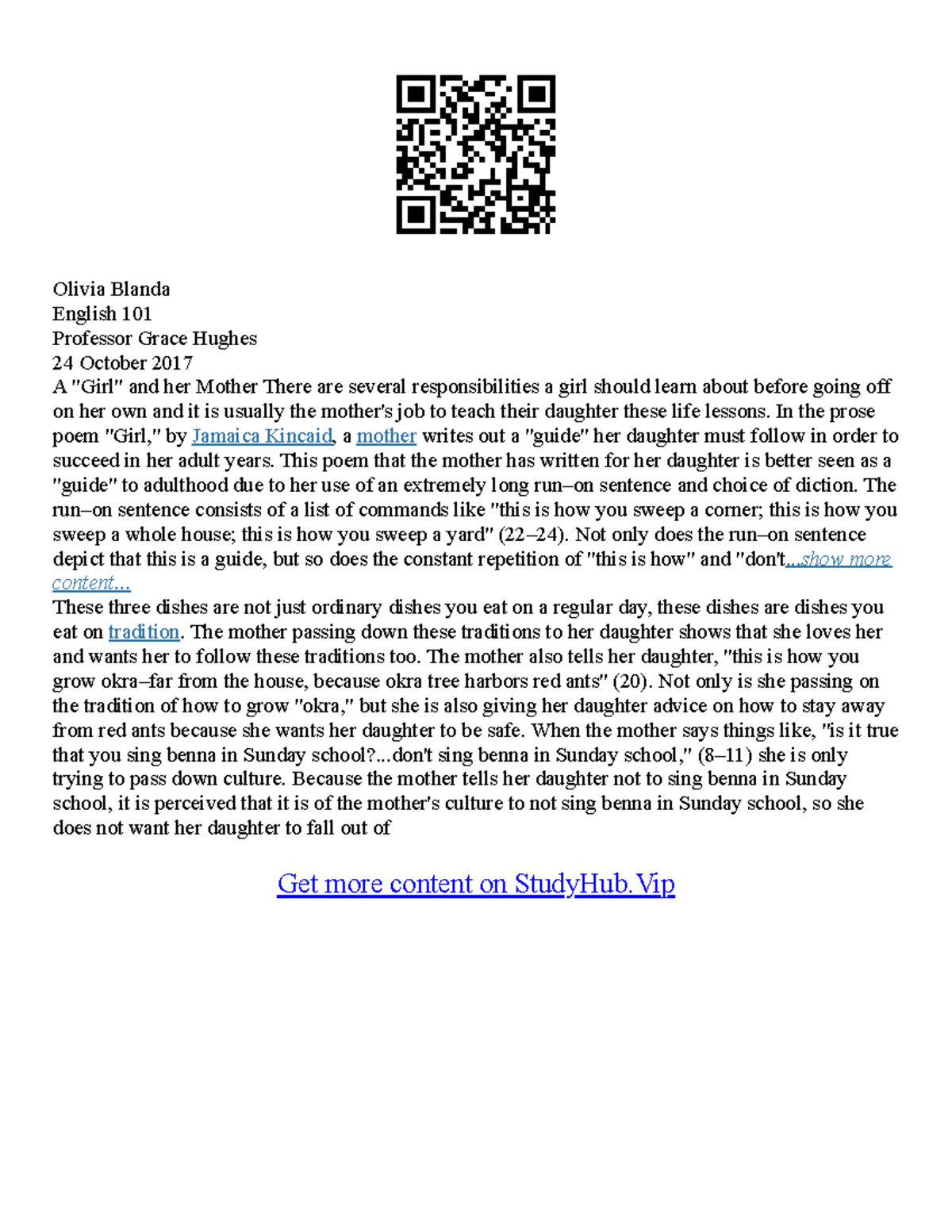 English 101: Analyzing "Girl" by Jamaica Kincaid - Essay Insights - Studocu