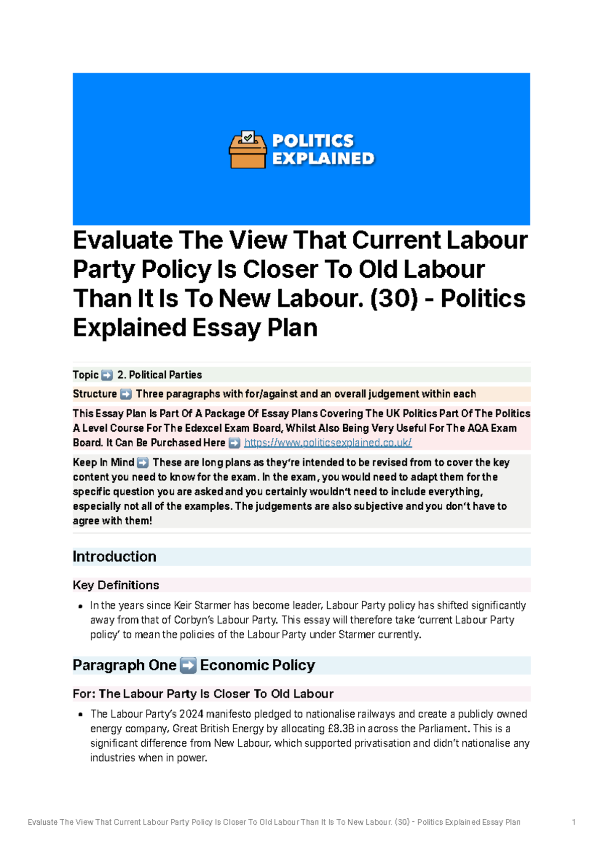 Evaluating Current Labour Party Policy: Old Labour vs New Labour (30 ...