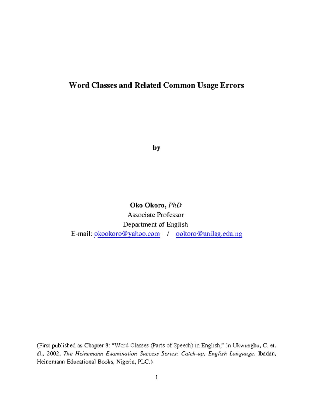 Word Classes and Common Errors: A Study Guide for ESL Learners - Studocu
