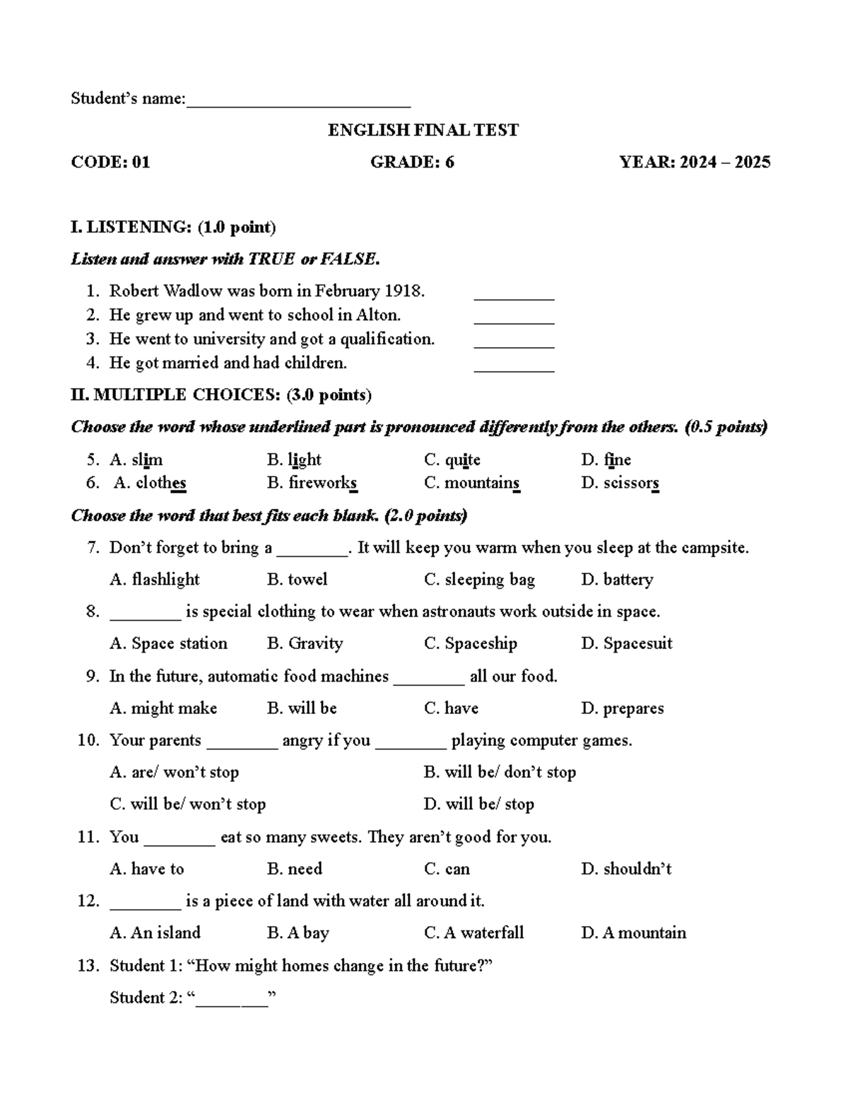 Grade 6 English Final Exam - Test 1, 2nd Semester 2024-2025 - Studocu