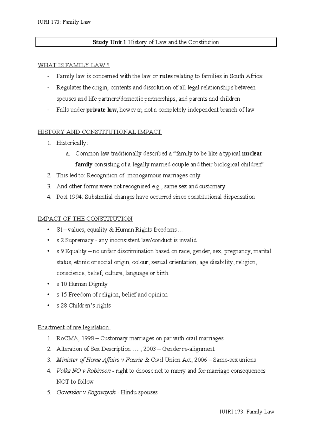 Study Unit 1 family law - notes - IURI 173: Family Law Study Unit 1 ...