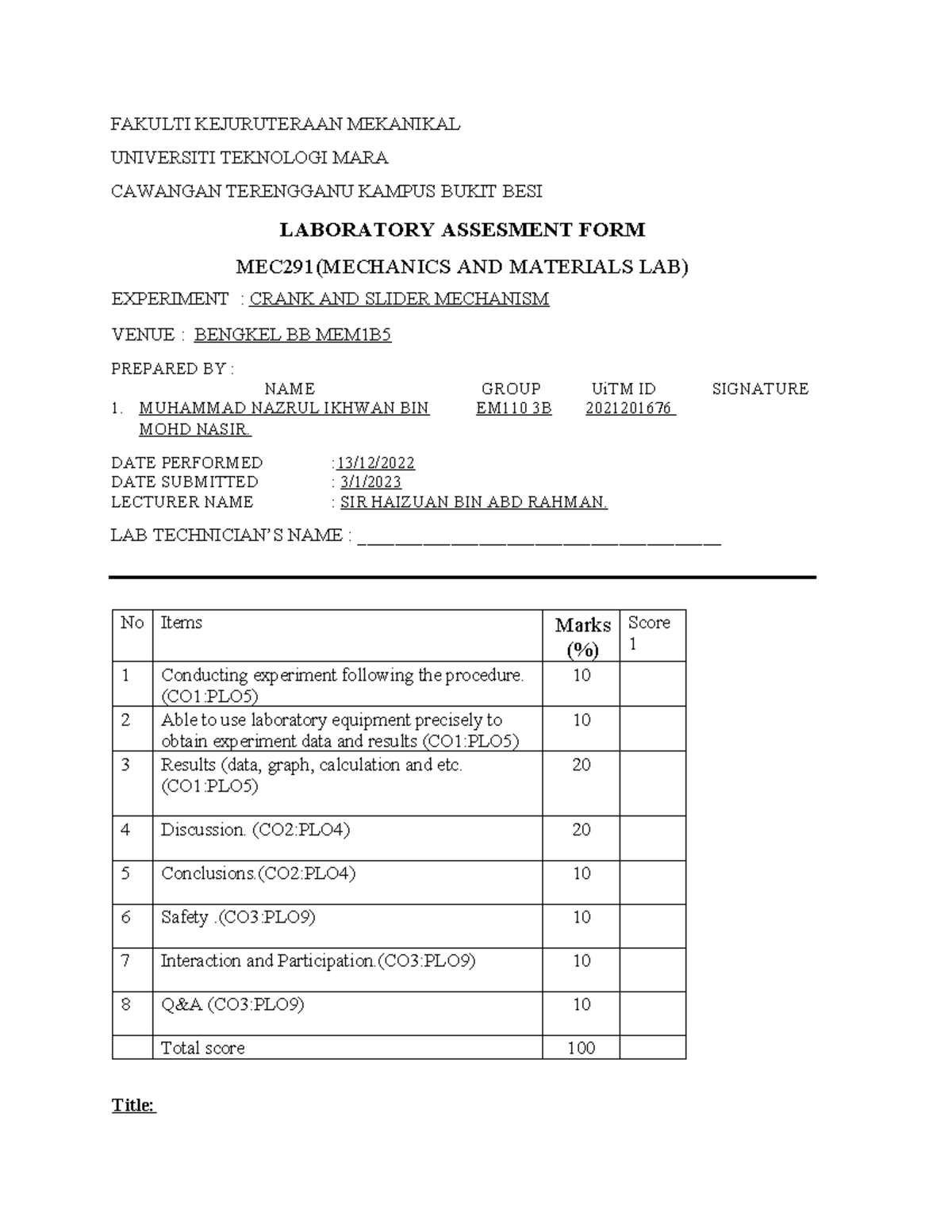 MEC291 Final Lab Report: Crank and Slider Mechanism Experiment - Studocu