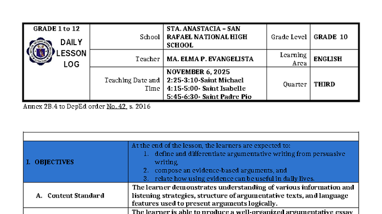 GRADE 10 ENGLISH LESSON PLAN: Argumentative vs. Persuasive Writing ...