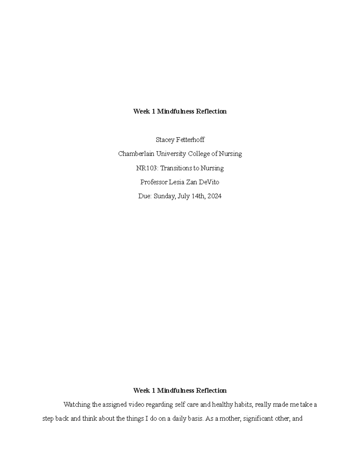 NR103: Week 1 Mindfulness Reflection - Self-Care Insights - Studocu