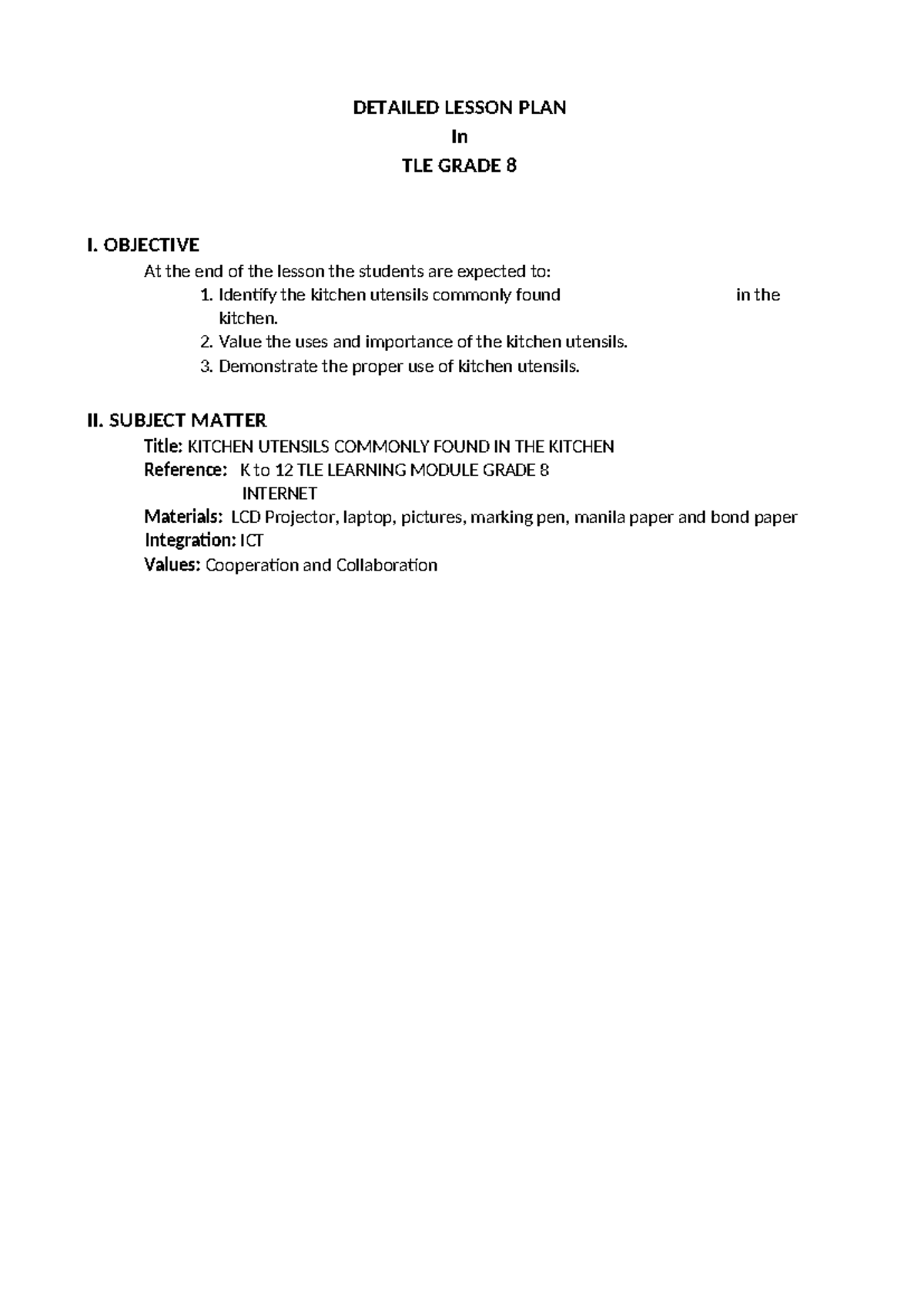 TLE Grade 8: Comprehensive Lesson Plan on Kitchen Utensils - Studocu