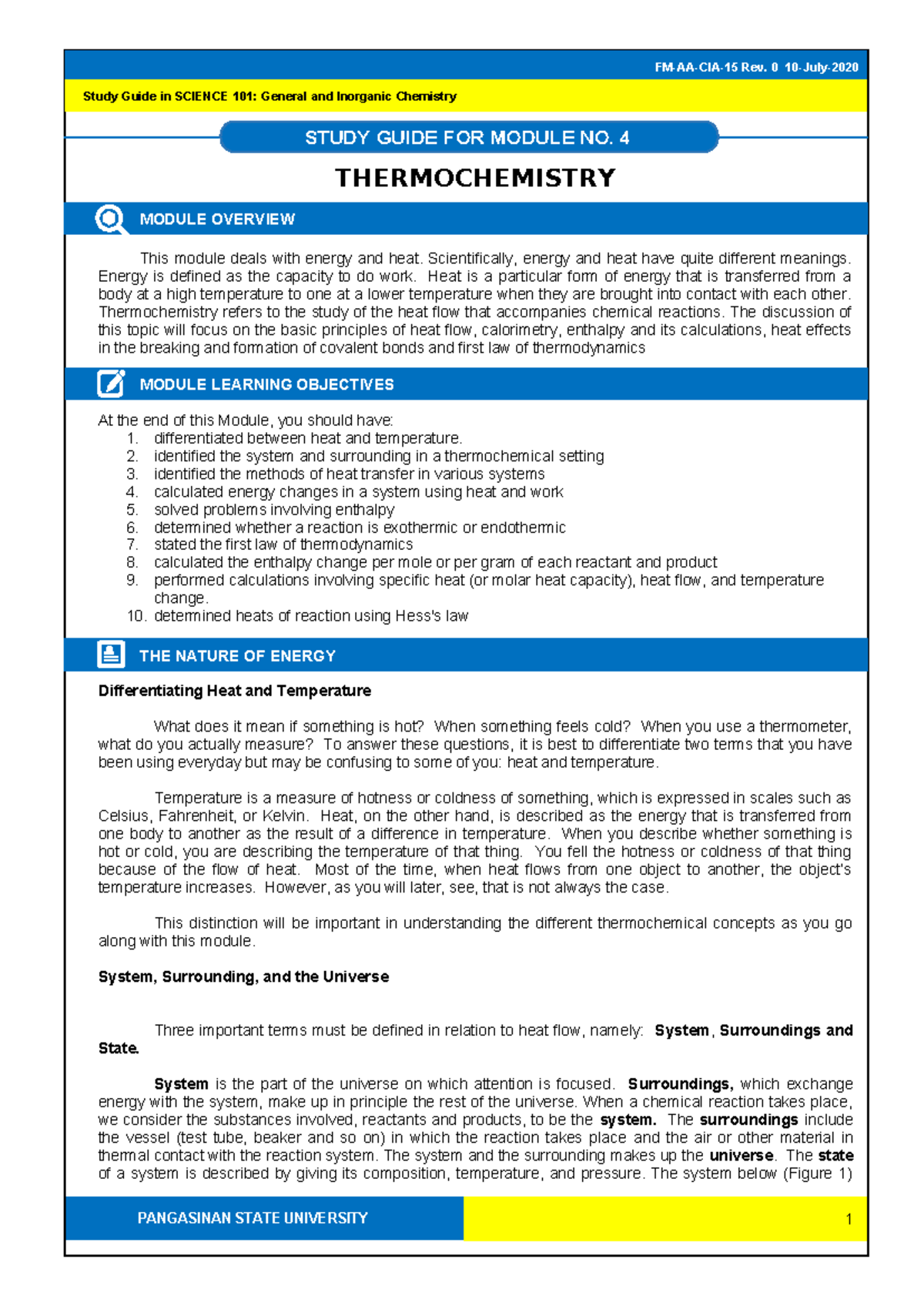 SCI 101: Study Guide for Module 4 - Thermochemistry Concepts - Studocu