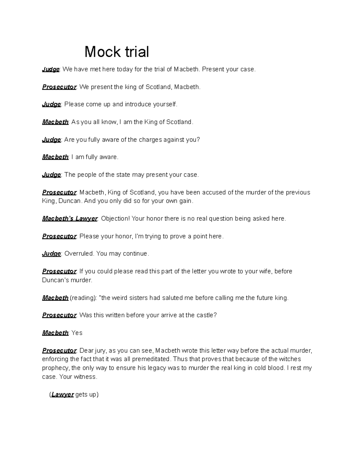 Mock Trial: The Case Against Macbeth - A Dramatic Presentation - Studocu
