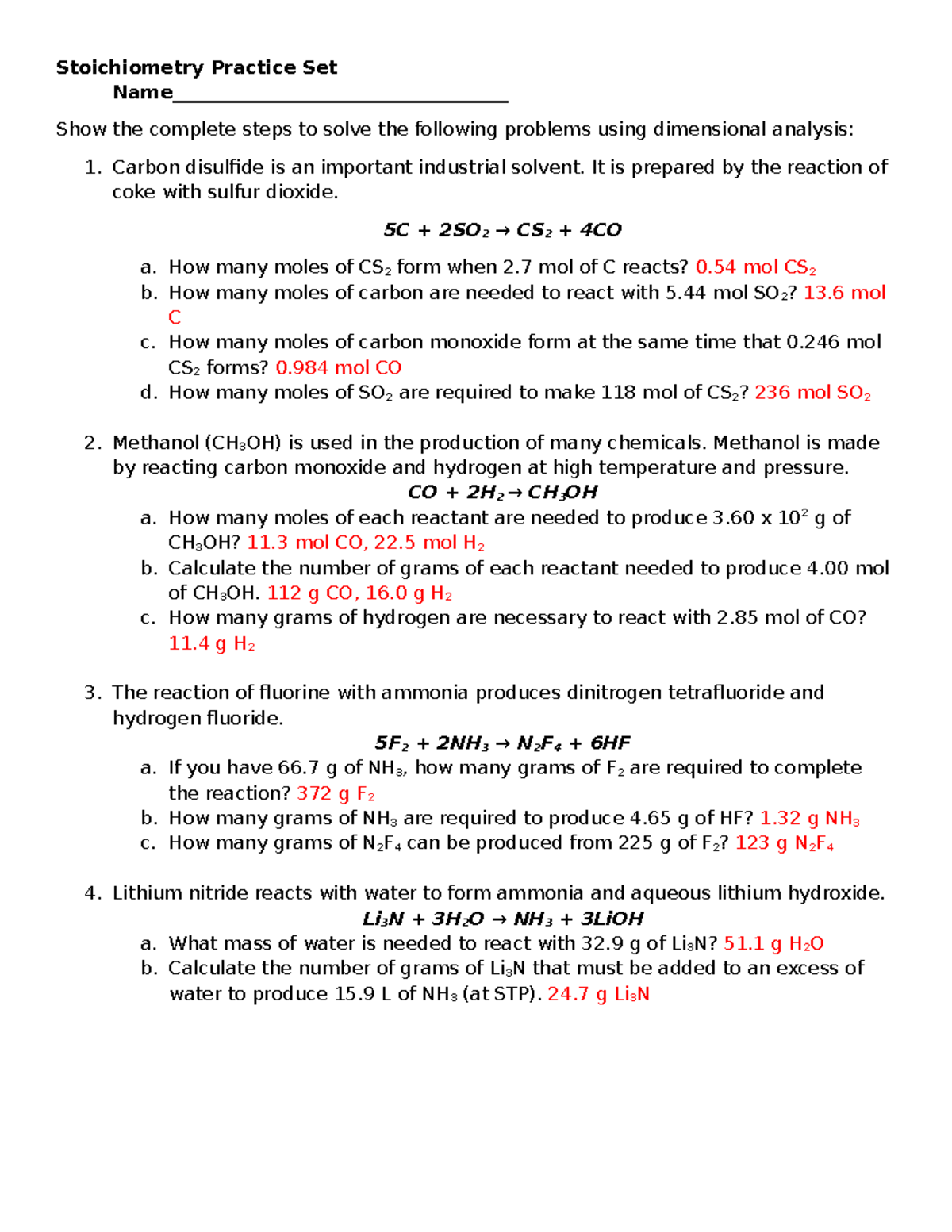 Stoichiometry Practice Set HON: Dimensional Analysis Problems Explained ...