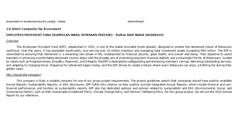 MANAGEMENT OF INFORMATION SECURITY ASM655 BTM655 GROUP PROJECT: EPF Assessment - Studocu