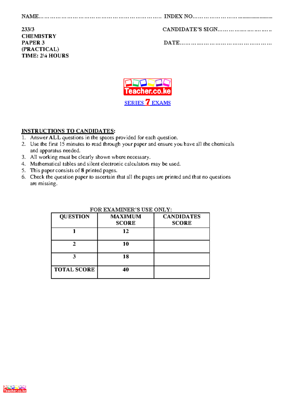 Chemistry Paper 3: Practical Exam Series 7 Questions - Studocu
