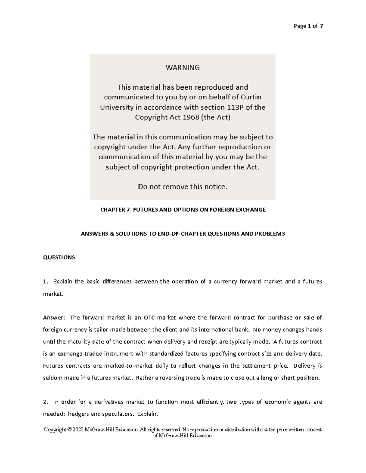 Ch07 Questions and problems answers(1) - CHAPTER 7 FUTURES AND OPTIONS ON FOREIGN EXCHANGE ...