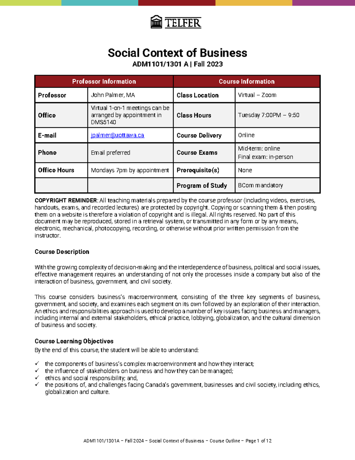 Course Outline - Social Context of Business ADM1101/1301 A | Fall 2023 ...