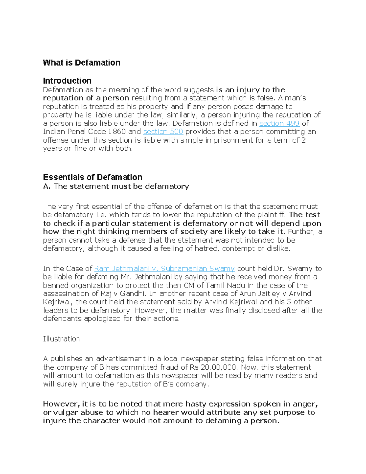 What is Defamation? - Class Notes on IPC 499 & 500 - Studocu