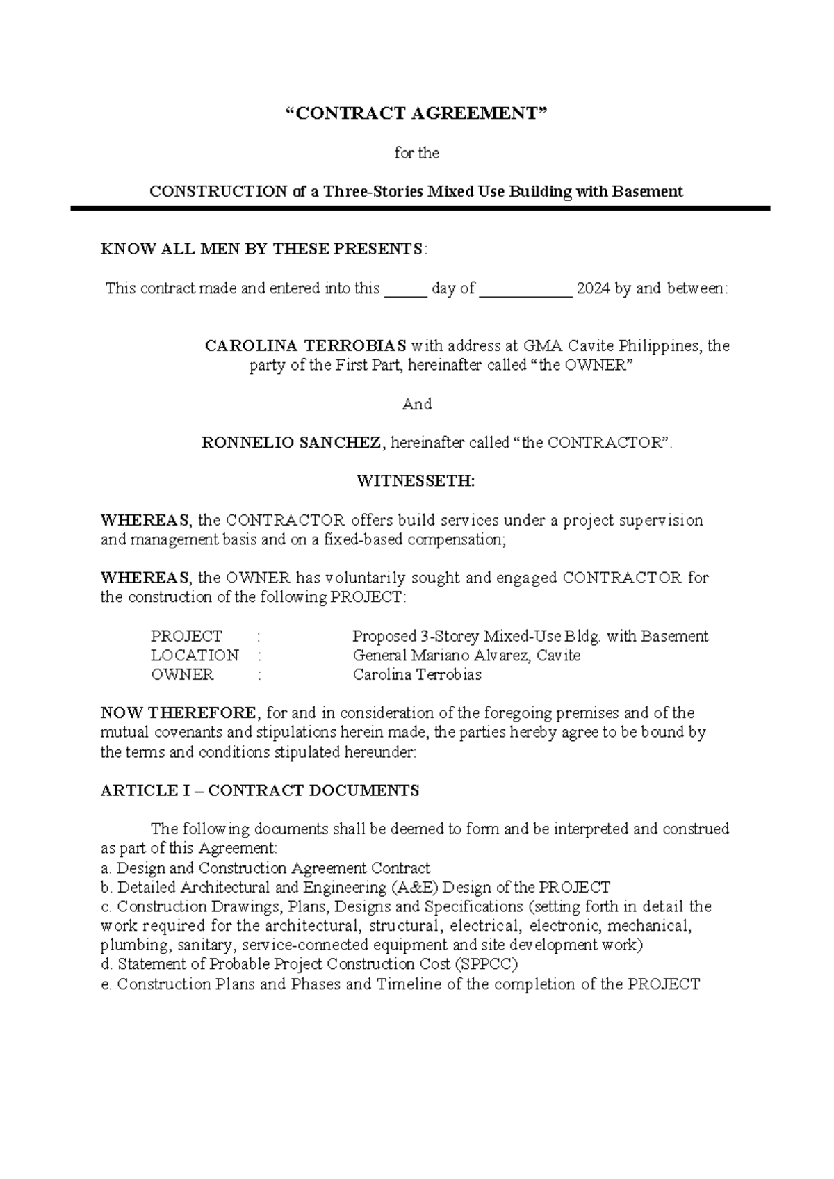 GMA Contract - Sample Agreement for 3-Storey Mixed-Use Building - Studocu