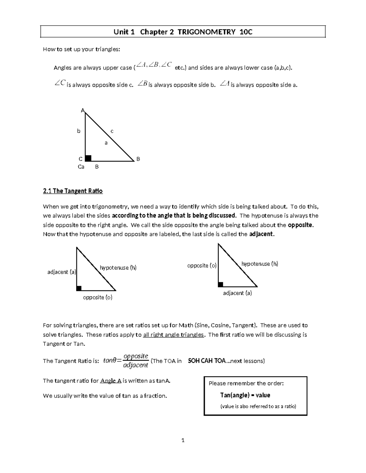 Unit 1 Chapter 2: Trigonometry Basics and Tangent Ratio (10C) - Studocu