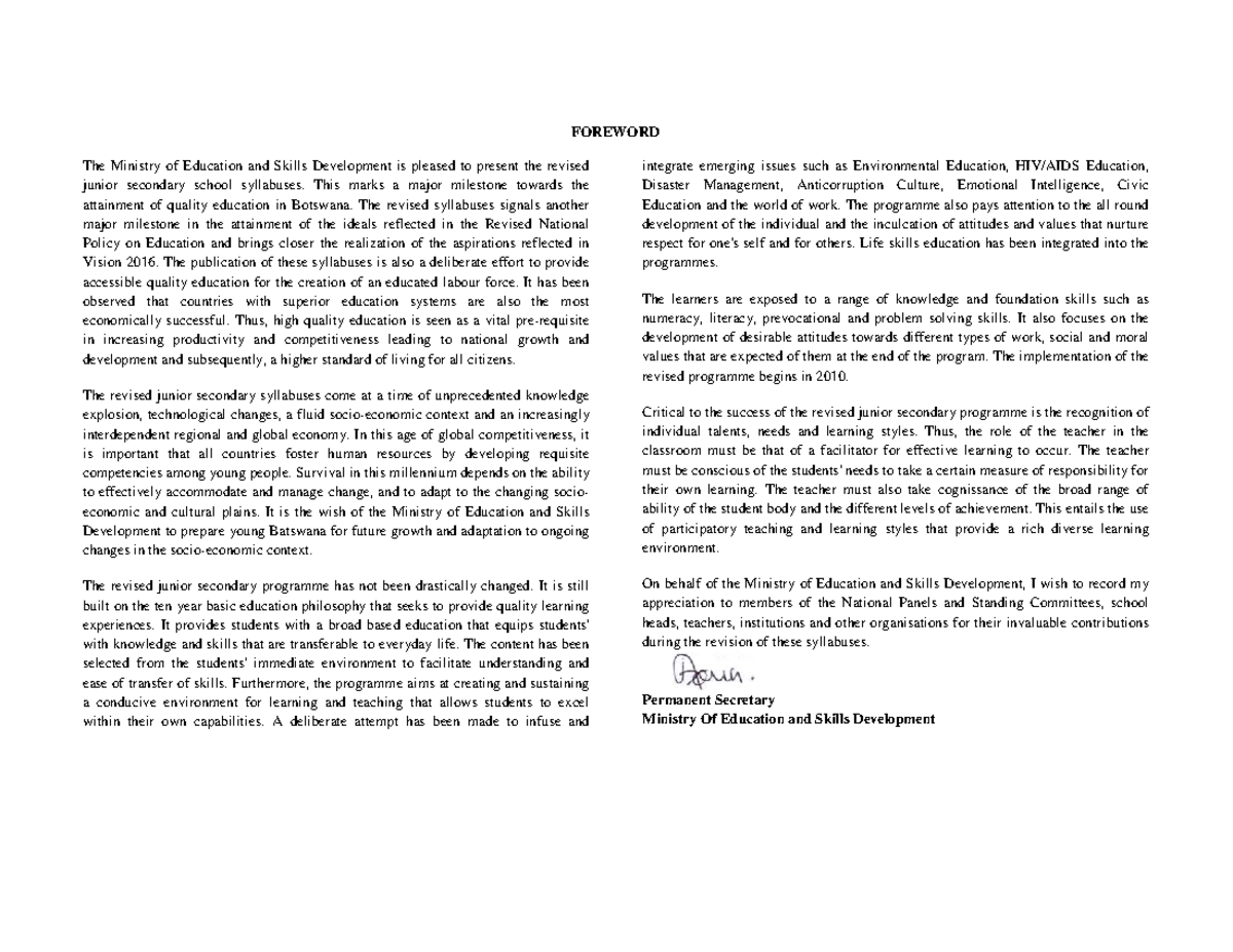 Revised Junior Secondary Science Syllabus (JC) - 2010 Edition - Studocu