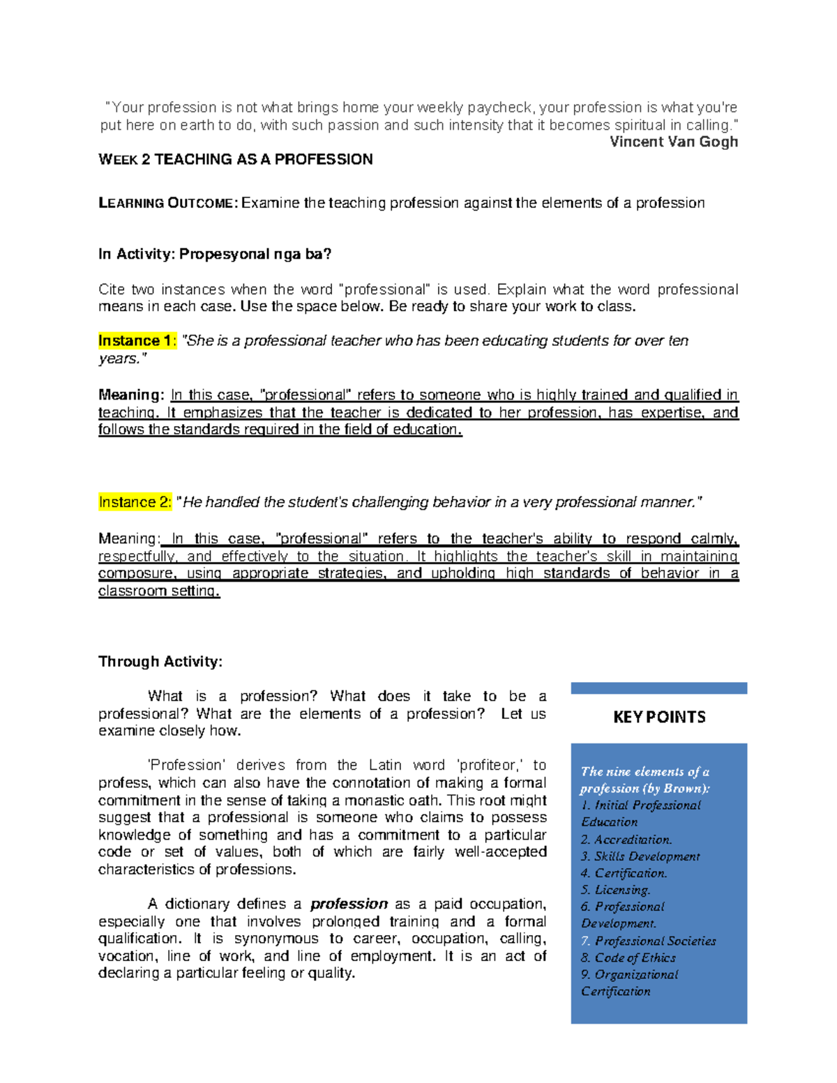 Week 2 Teaching AS A Profession (The Elements of Teaching Profession ...