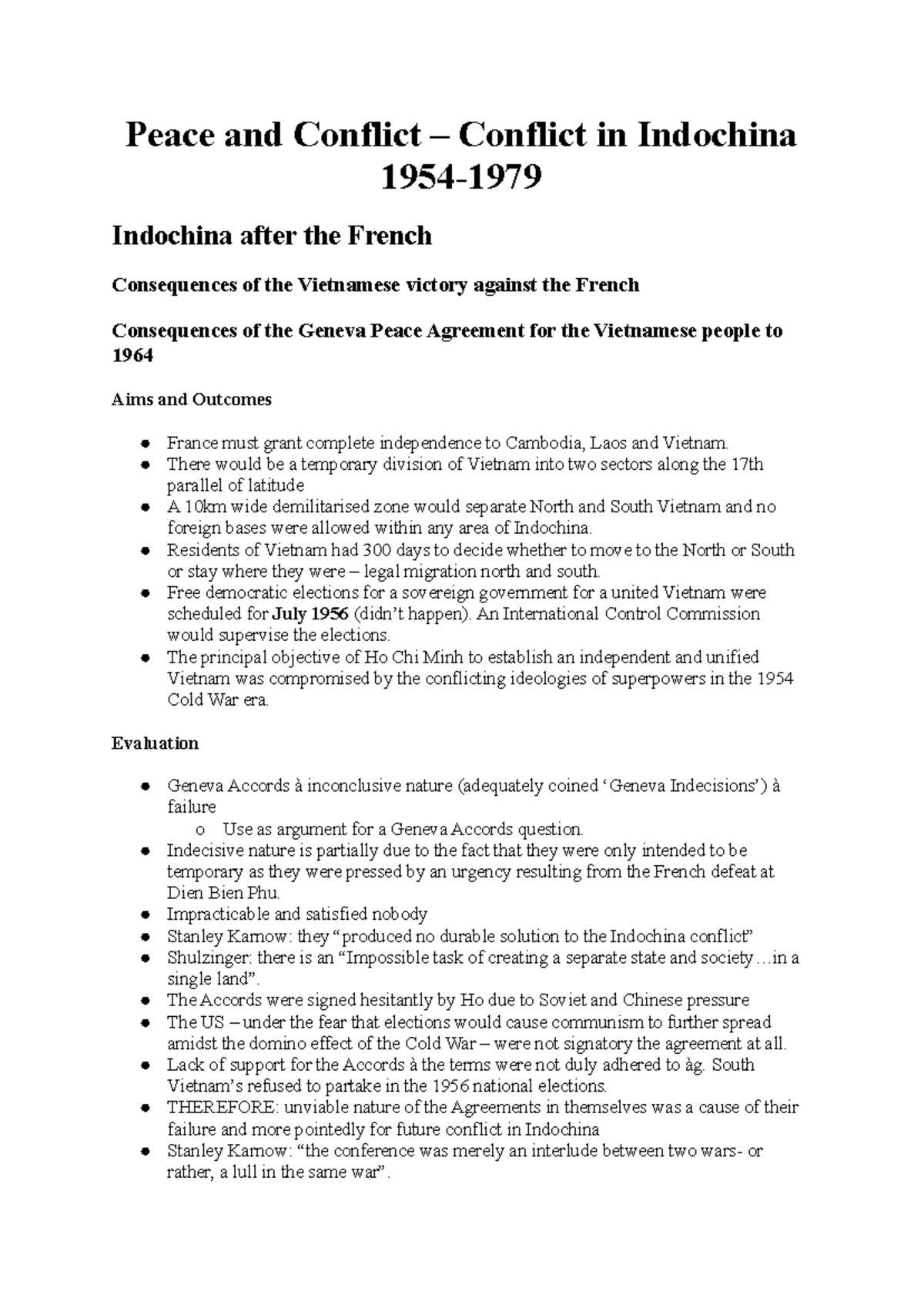 Modern History Notes - Conflict in Indochina (1954-1979) Analysis - Studocu