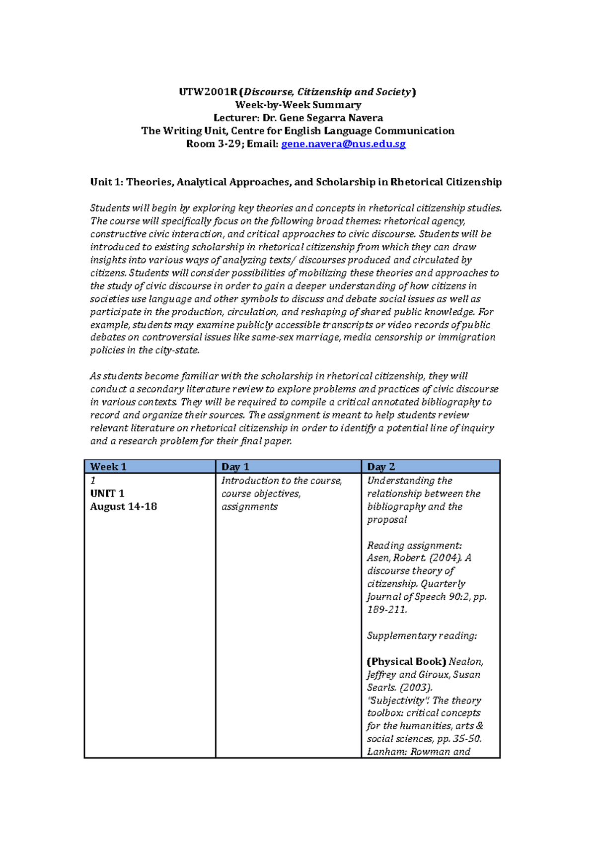 UTW2001 Weekly Syllabus Semester 1 AY2017-18 - UTW2001R (Discourse ...