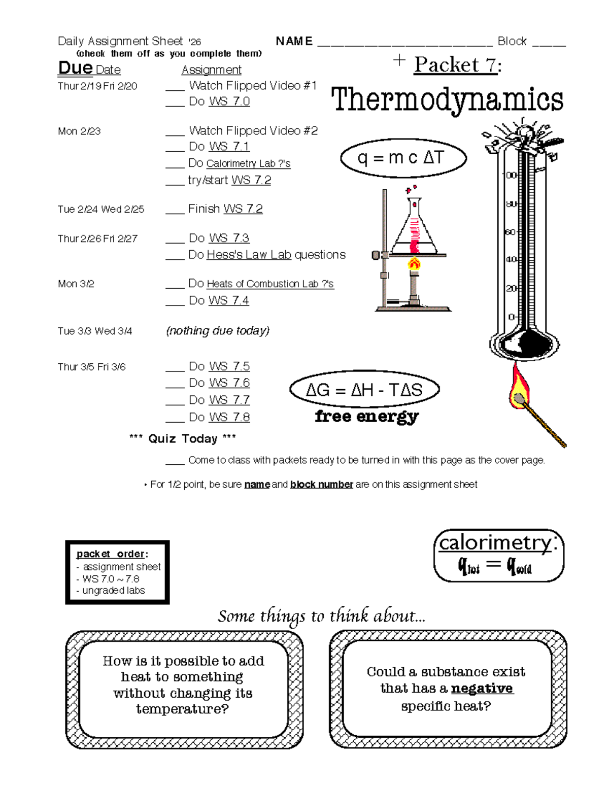 Pack 7: Thermodynamics Daily Assignment Sheet for Chemistry - Studocu