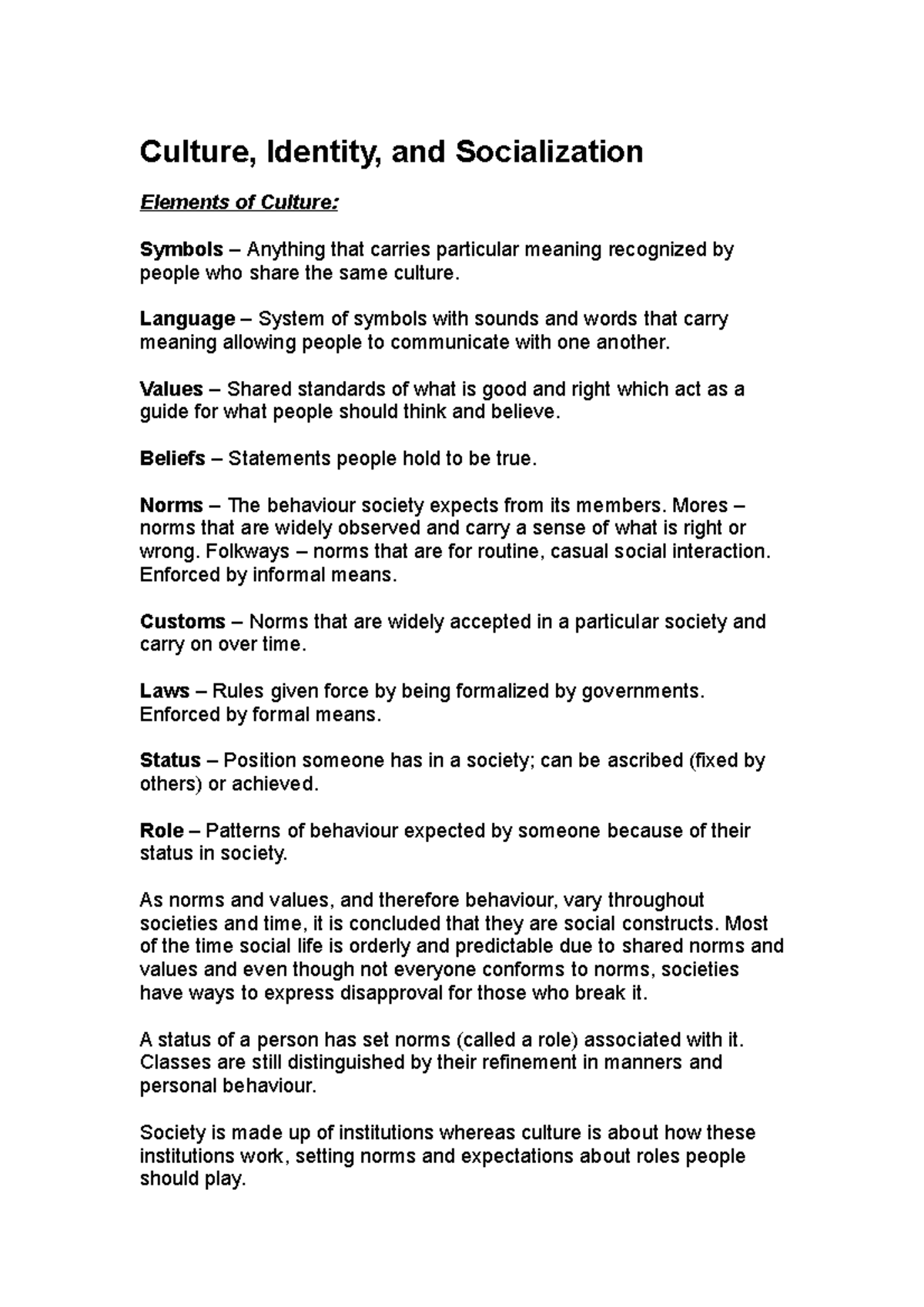 Sociology notes - culture and social startification - Culture, Identity ...
