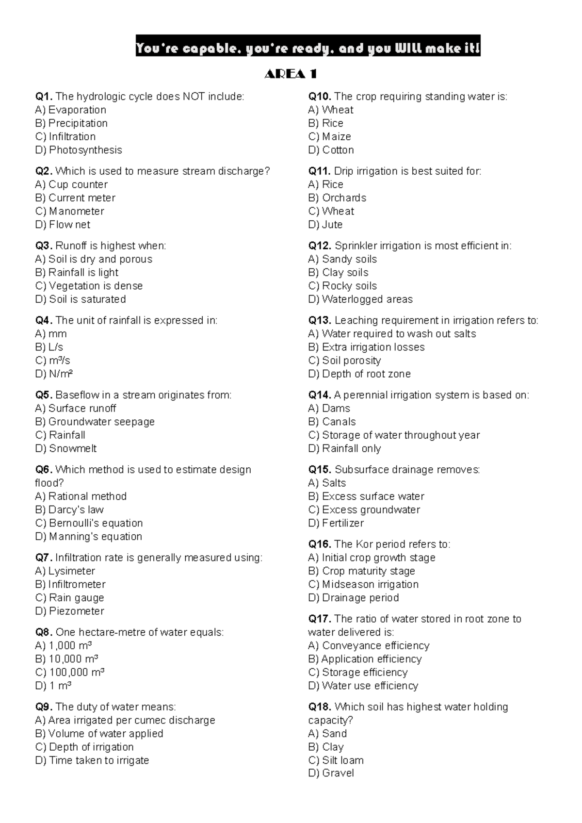 AREA 1 - Hydrology and Irrigation Quiz Questions - Studocu