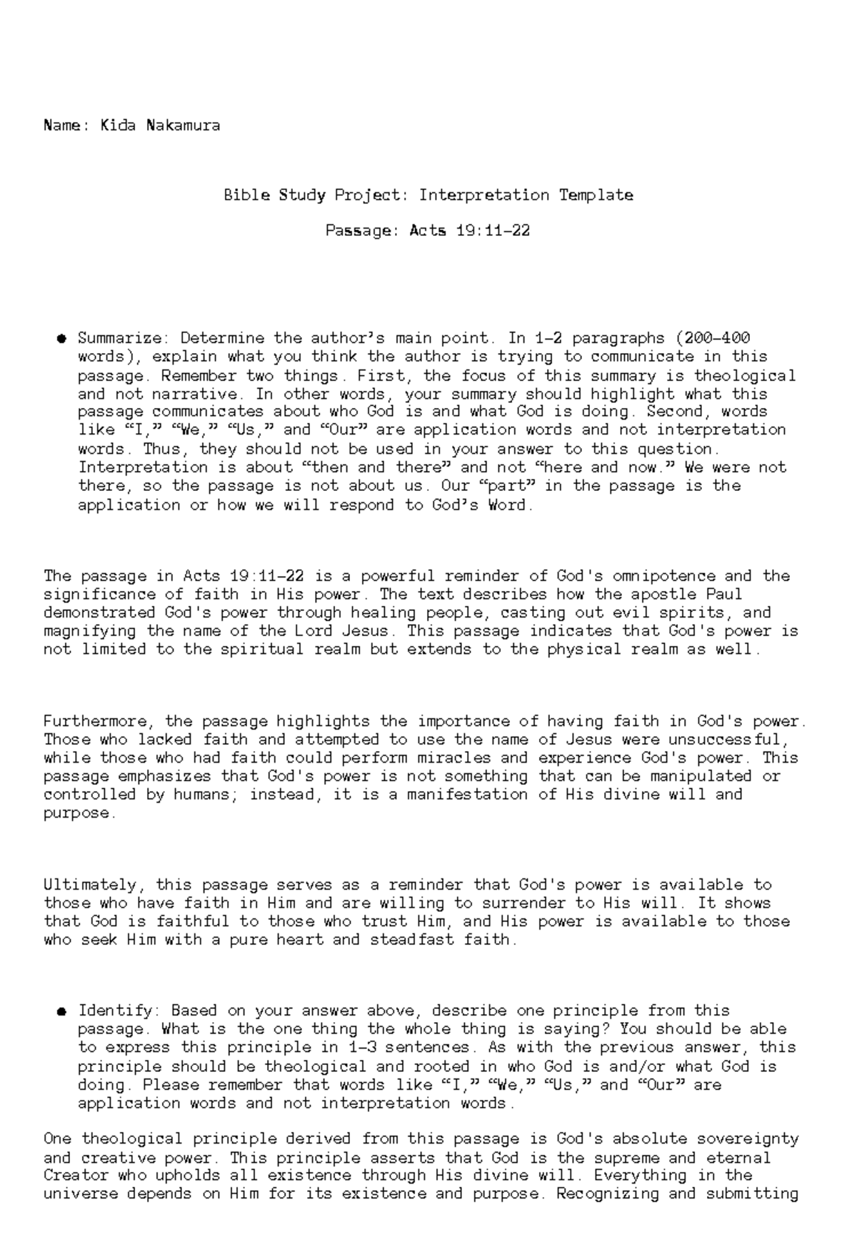 Bible Study Project (Acts 19:11-22) Interpretation Template - Studocu