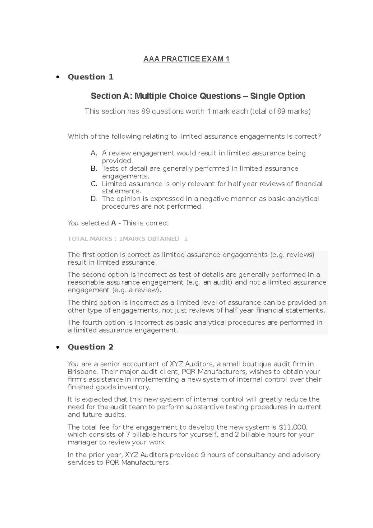 AAA Practice Exam 1 - Comprehensive Review and Solutions - Studocu